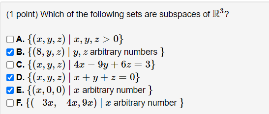 Solved (1 point) Which of the following sets are subspaces | Chegg.com
