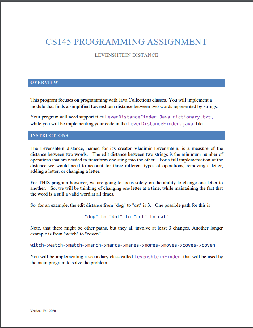 CS145 PROGRAMMING ASSIGNMENT LEVENSHTEIN DISTANCE | Chegg.com