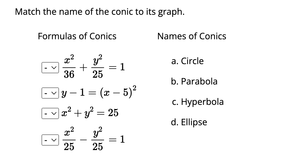 Solved Match the name of the conic to its graph. Formulas of | Chegg.com