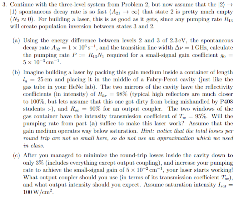 Solved Continue with the three-level system from Problem 2 , | Chegg.com