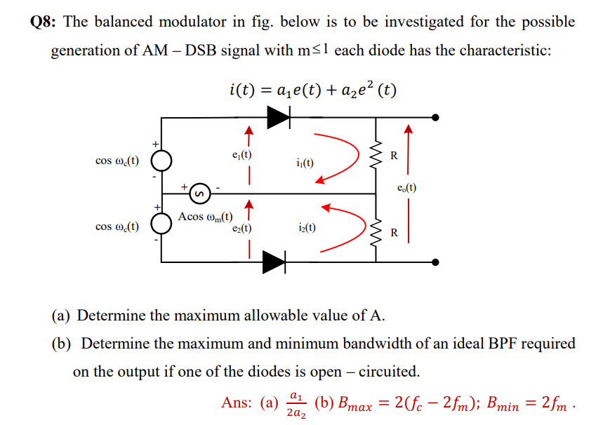 Q8: The balanced modulator in fig. below is to be | Chegg.com