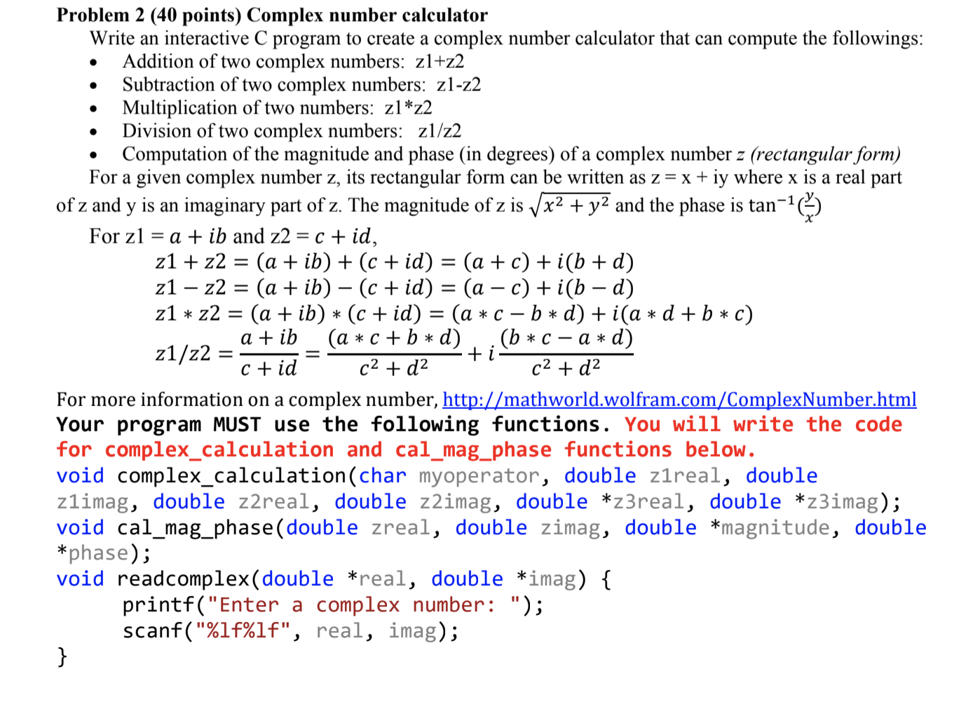 Solved Problem 2 40 Points Complex Number Calculator Wr