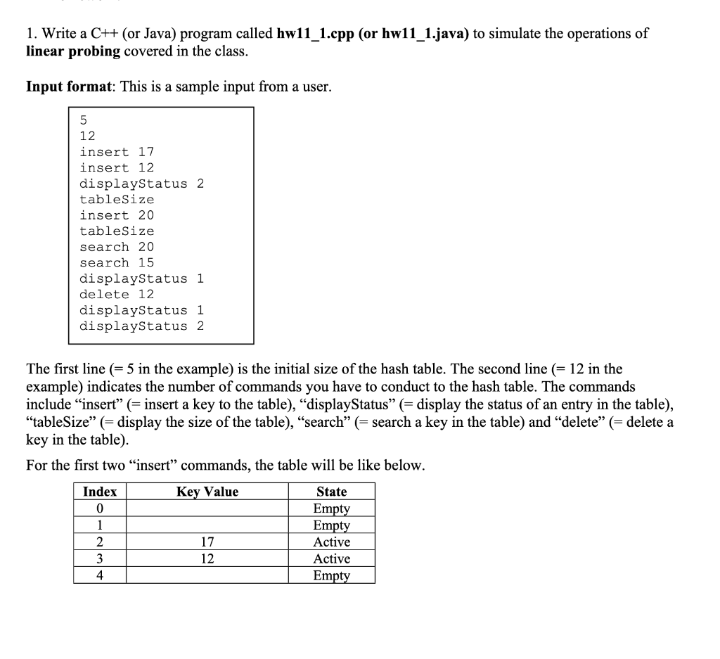 Solved 1. Write a C++ (or Java) program called hw11_1.cpp | Chegg.com
