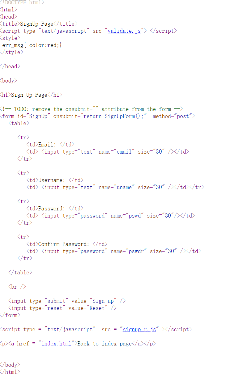 Solved Complete the following sign up form in DOM2 model. | Chegg.com