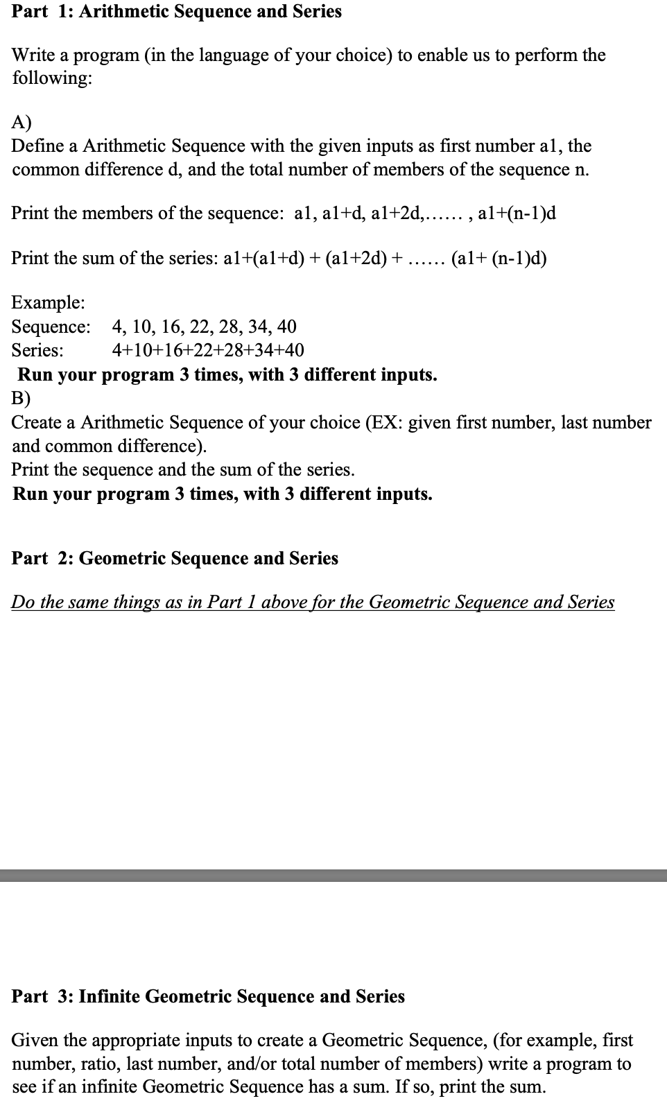 Solved Part 1: Arithmetic Sequence and Series Write a | Chegg.com