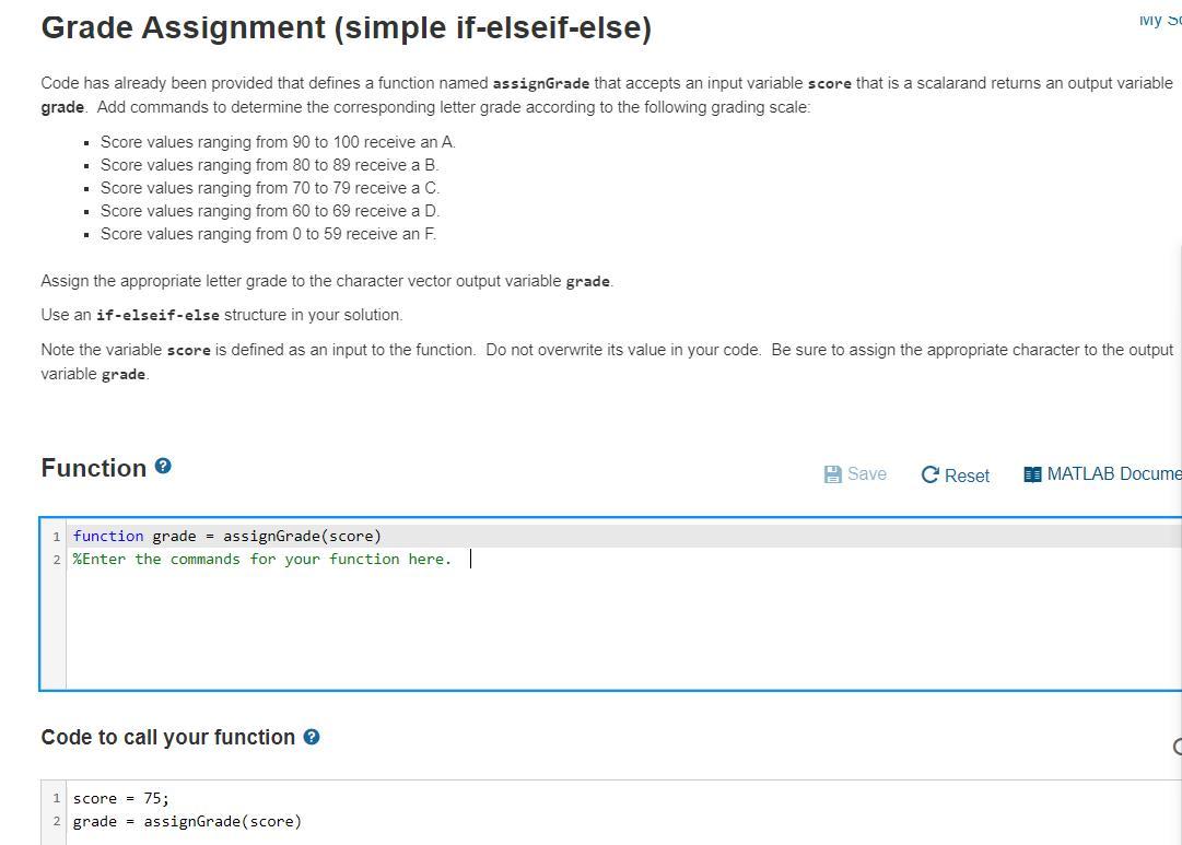 Solved Grade Assignment (simple if-elseif-else) My SC Code | Chegg.com