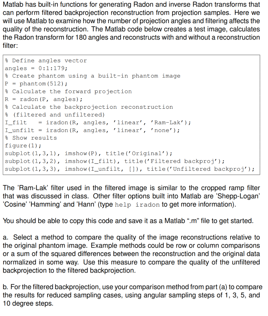 Matlab has built-in functions for generating Radon | Chegg.com