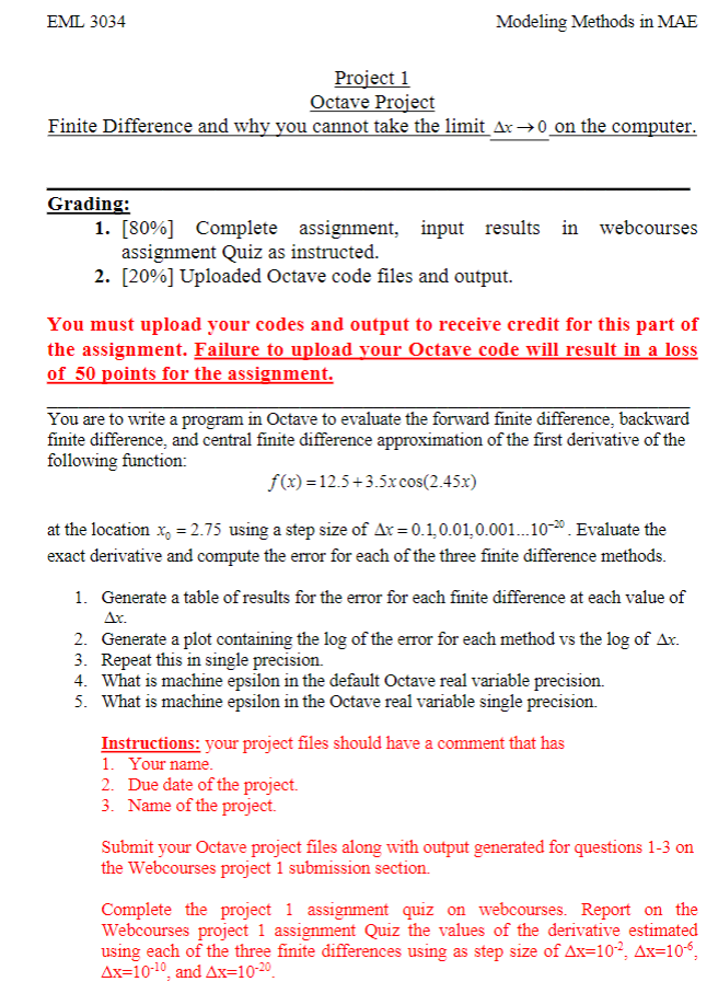 Solved EML 3034 Modeling Methods in MAE Project 1 Octave | Chegg.com