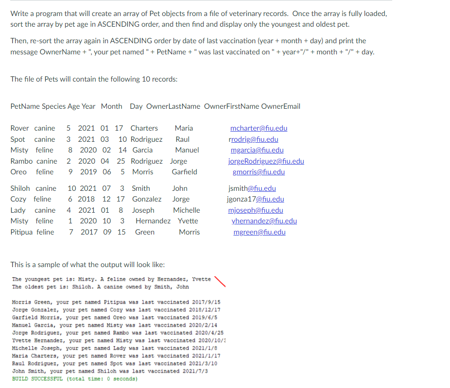 Solved Write a program that will create an array of Pet | Chegg.com