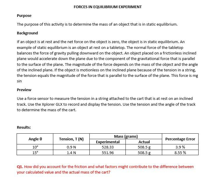 Solved FORCES IN EQUILIBRIUM EXPERIMENT Purpose The purpose | Chegg.com