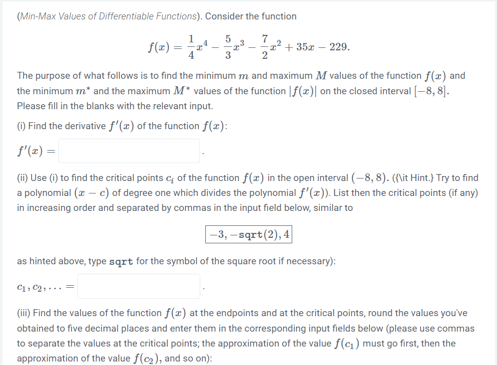 Solved (Min-Max Values of Differentiable Functions). | Chegg.com