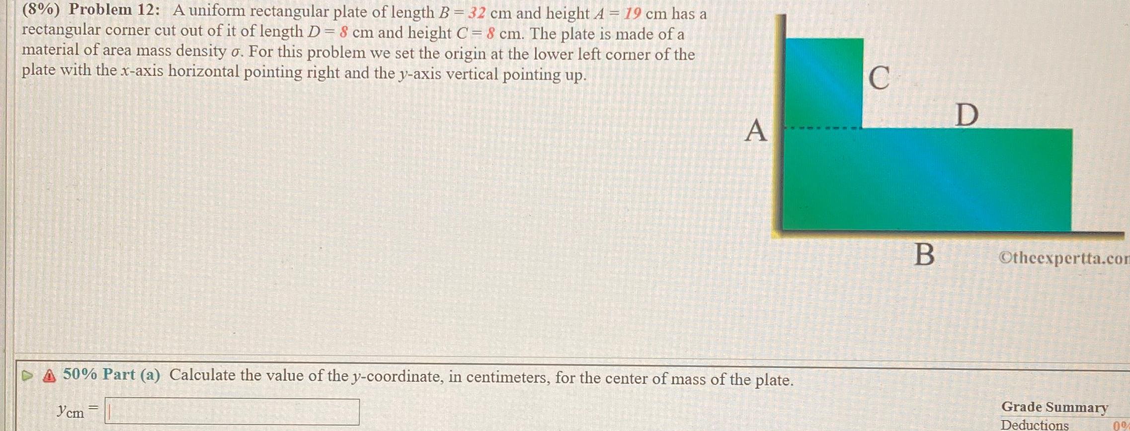 Solved (8%) Problem 12: A uniform rectangular plate of | Chegg.com
