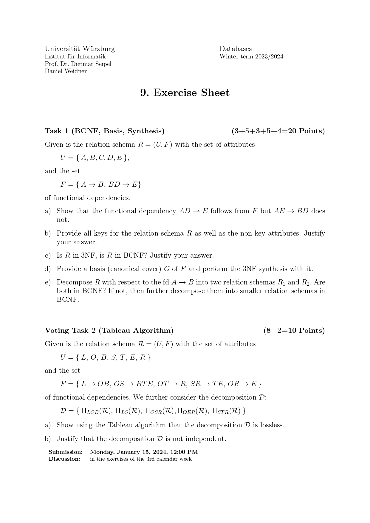 Solved Exercise SheetTask 1 (BCNF, ﻿Basis, Synthesis) | Chegg.com