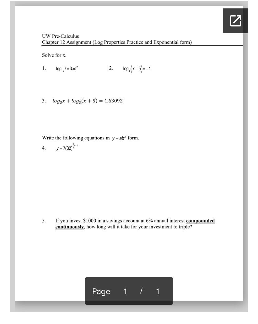 Solved UW Pre-Calculus Chapter 12 Assignment (Log Properties | Chegg.com
