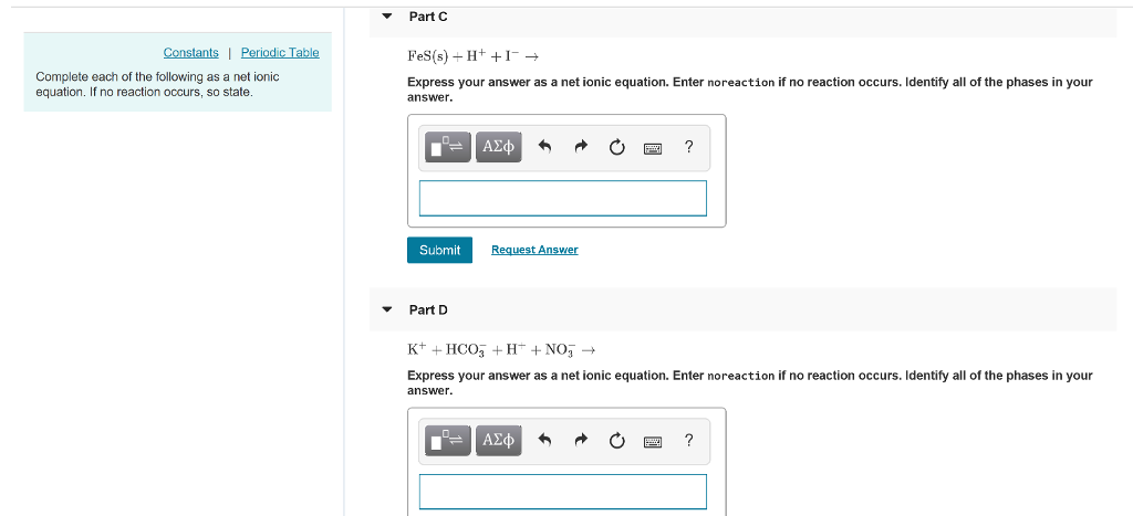 Solved Part C Constants | Periodic Table FeS(s)+H+ 1 | Chegg.com