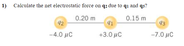 Solved 1) Calculate the net electrostatic force on q2 due to | Chegg.com