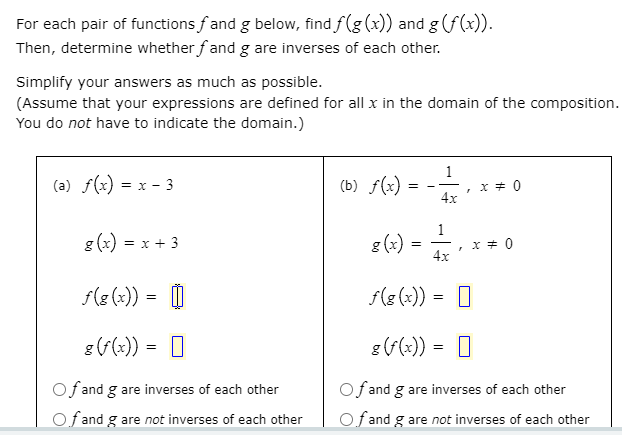 Solved For each pair of functions f and g below, find | Chegg.com