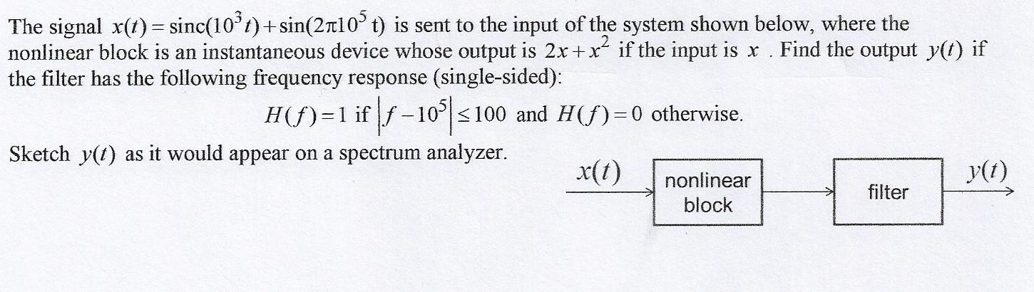 Solved The signal x(t)= sinc(10²t)+sin(2110ʻt) is sent to | Chegg.com