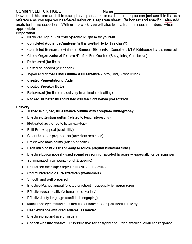 COMM 1 SELF-CRITIQUE Name Download this form and fill | Chegg.com