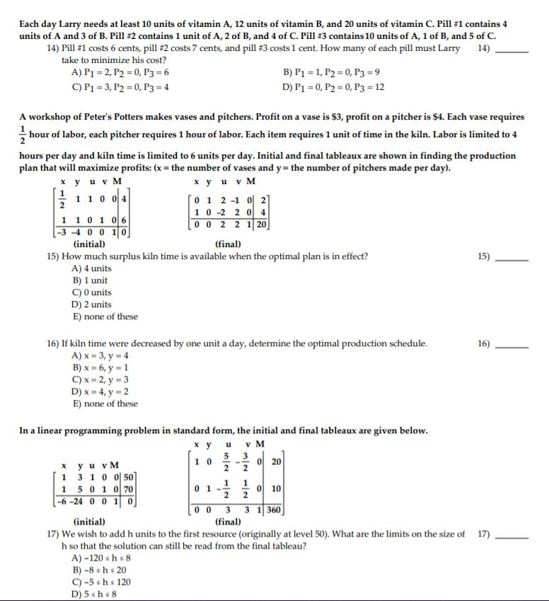 Solved Each day Larry needs at least 10 units of vitamin A, | Chegg.com