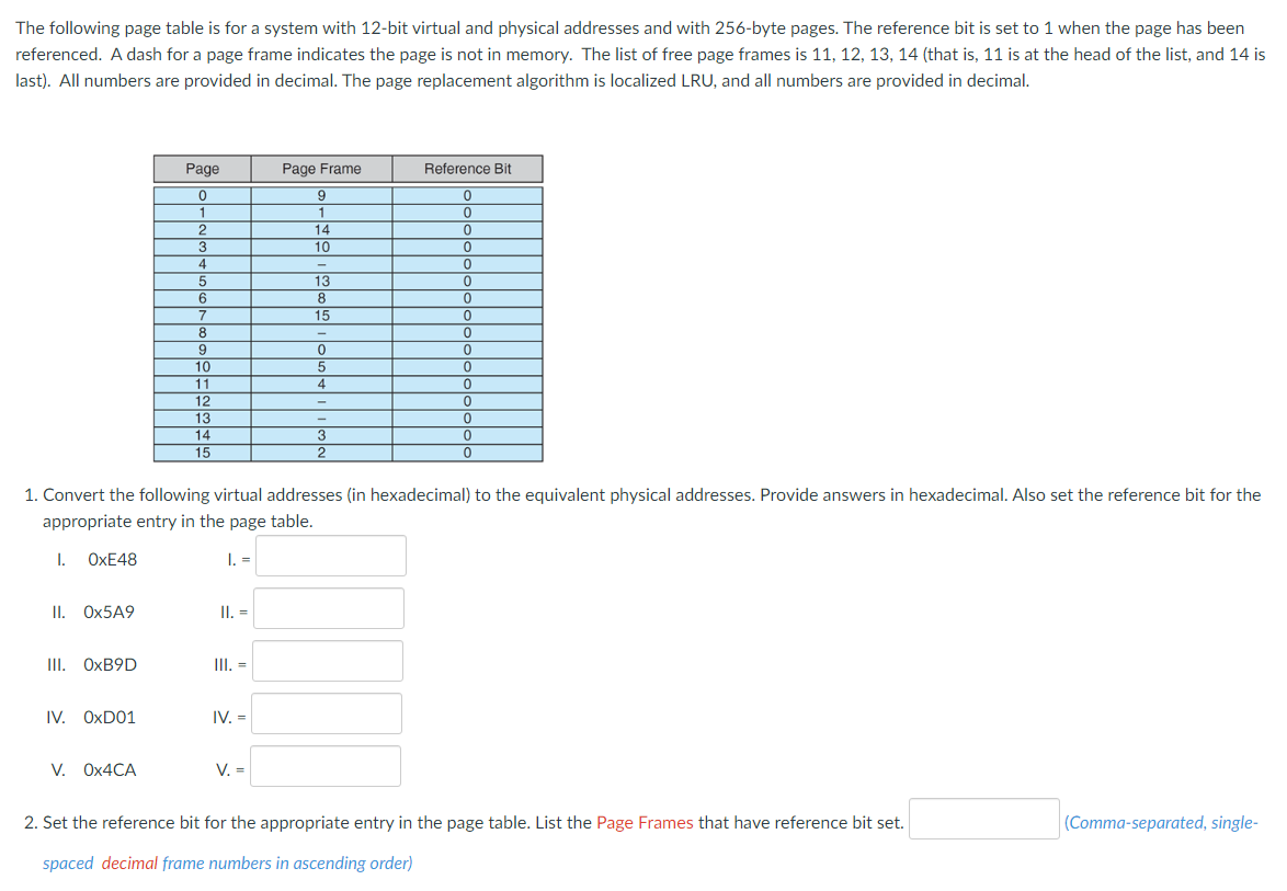 Solved The following page table is for a system with 12-bit | Chegg.com