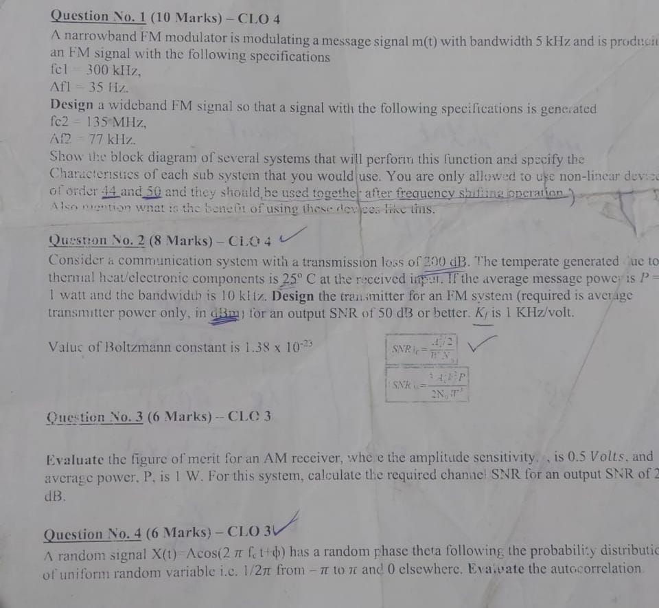 Solved Question No. 1 (10 ﻿Marks)-CLO 4A narrowband FM | Chegg.com