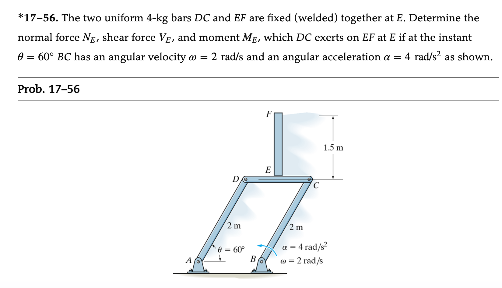 Solved *17-56. The two uniform 4-kg bars DC and EF are fixed | Chegg.com