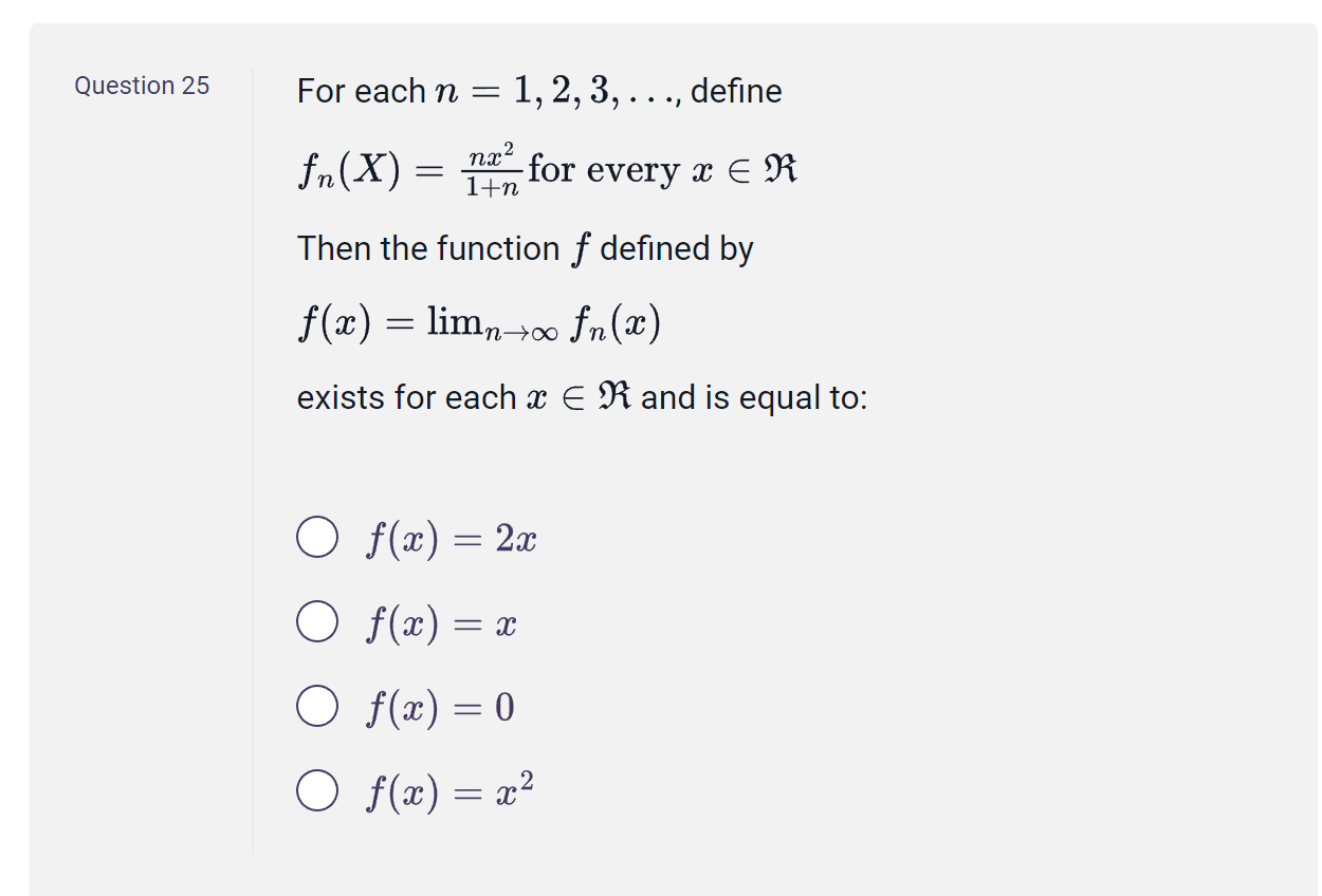 Solved For each n=1,2,3,…, define fn(X)=1+nnx2 for every x∈ℜ | Chegg.com