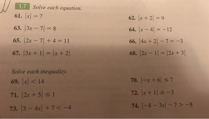 Solved 1.7 Solve each equation. 61, |x| = 7 62.1x + 21 = 9 | Chegg.com