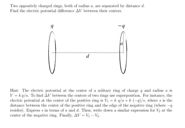 Solved Two oppositely charged rings, both of radius a, are | Chegg.com