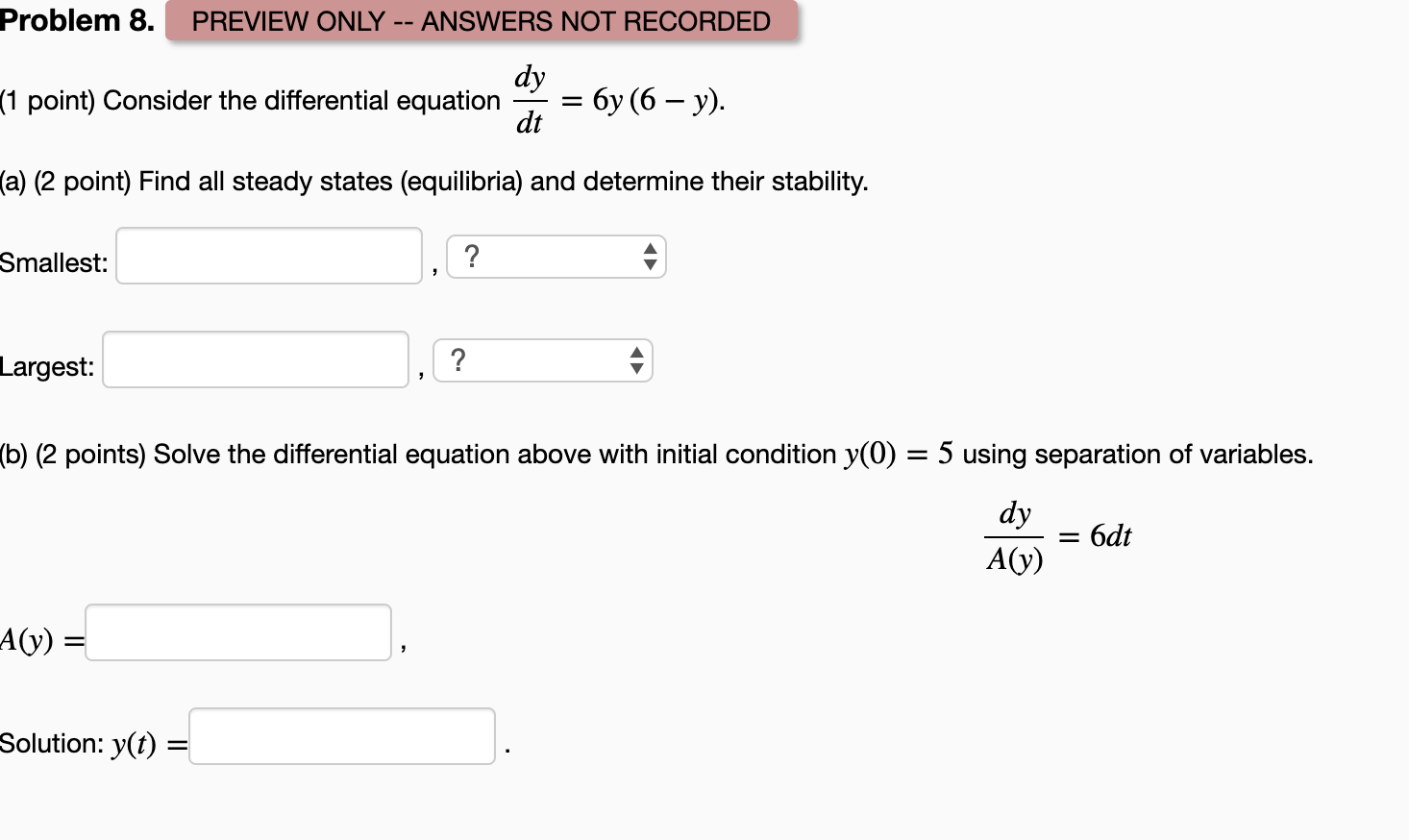 Solved Problem 8. PREVIEW ONLY -- ANSWERS NOT RECORDED (1 | Chegg.com