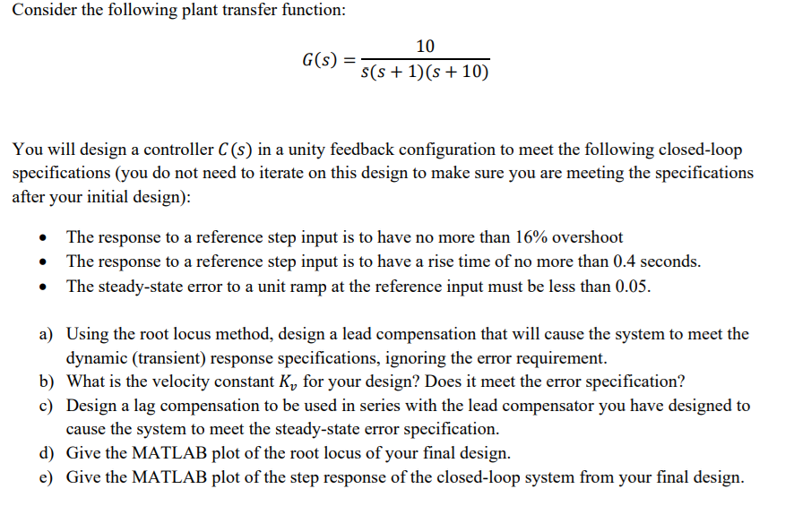Solved Consider the following plant transfer function: | Chegg.com