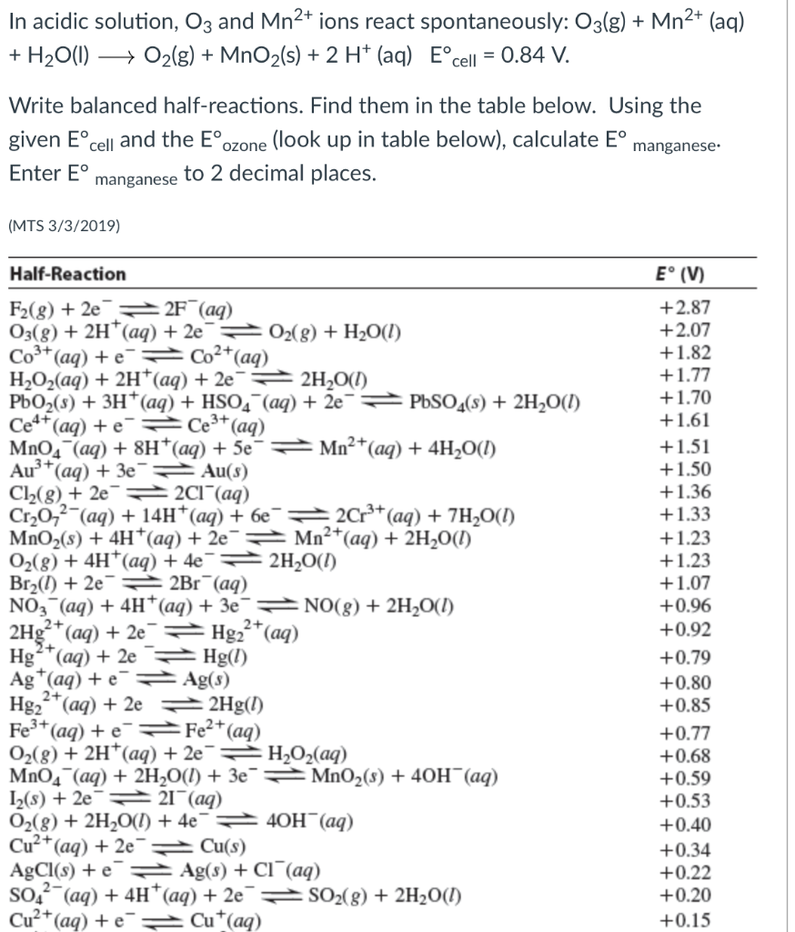 Solved In acidic solution. O3 and Mn2+ ions react | Chegg.com