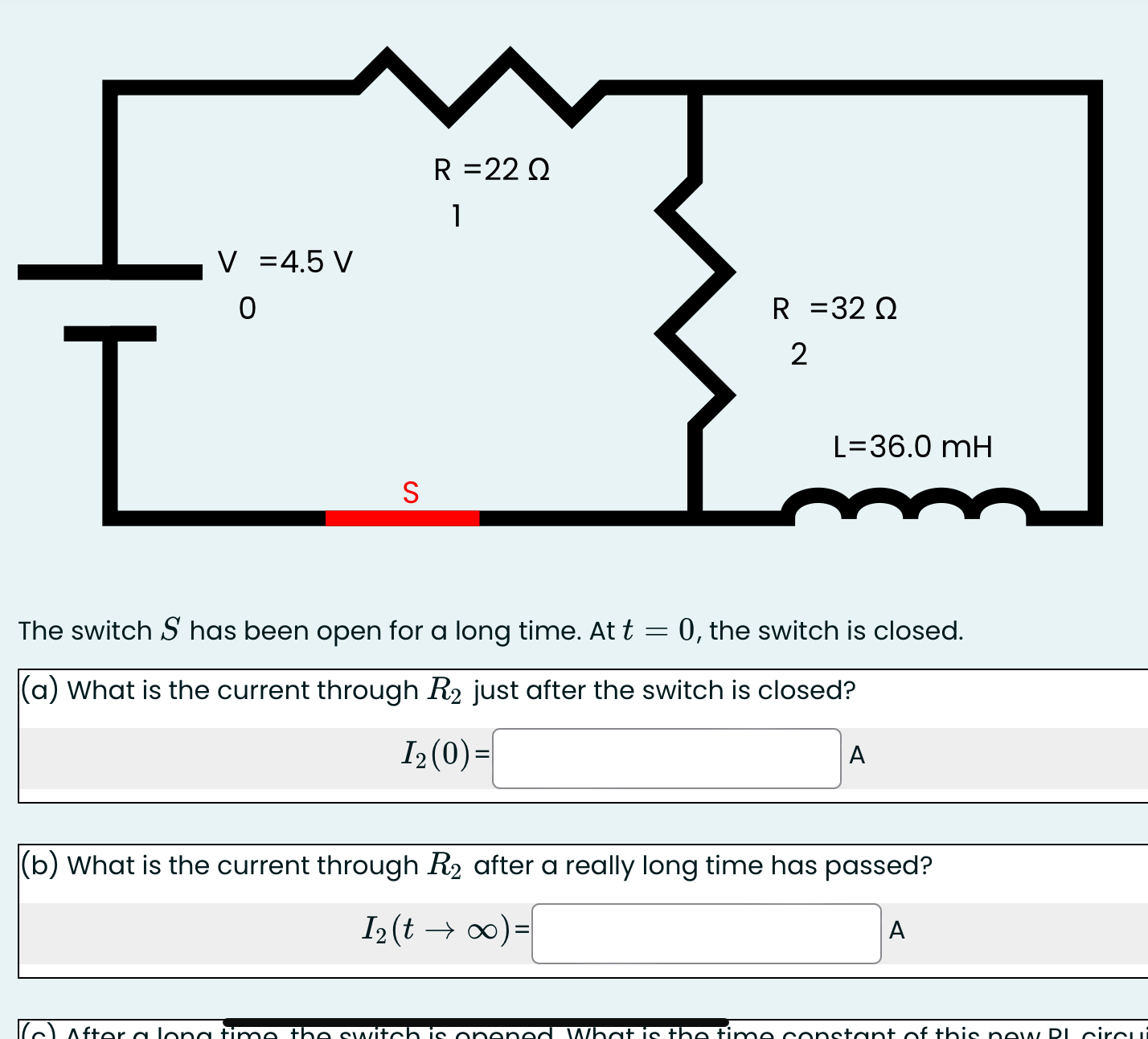 Solved The switch S ﻿has been open for a long time. At t=0, | Chegg.com