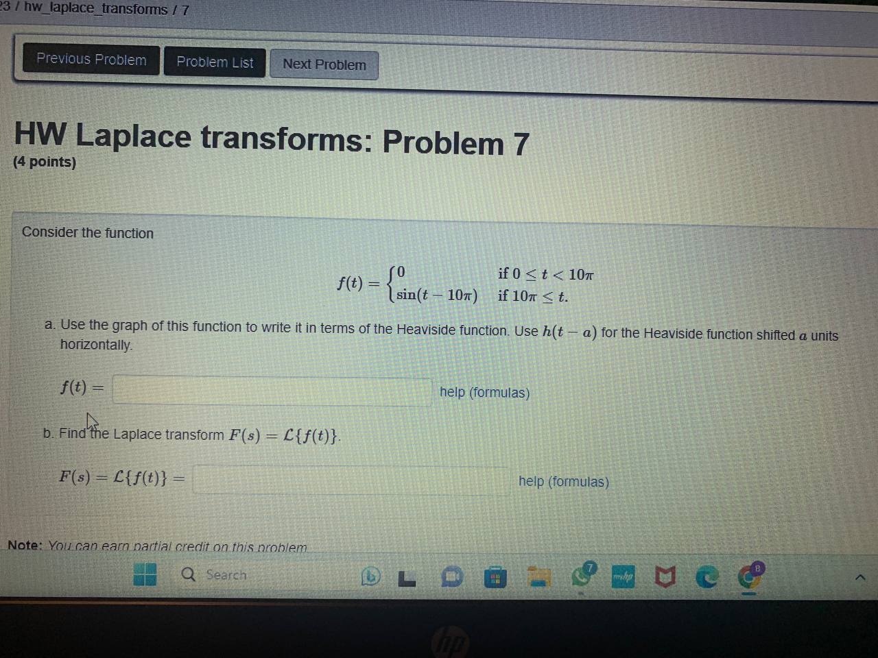 Solved HW Laplace transforms: Problem 7 (4 points) Consider | Chegg.com