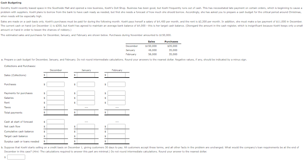 Solved Cash Budgeting Dorothy Koehl Recently Leased Space In Chegg
