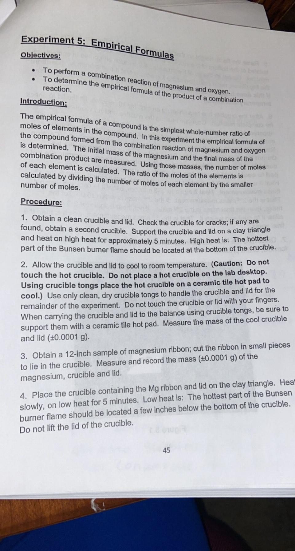 Solved Experiment 5: Empirical Formulas Objectives: To | Chegg.com