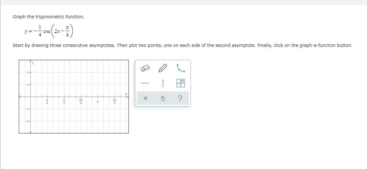 Solved Graph the trigonometric function. y=-30se(2x-1) Start | Chegg.com