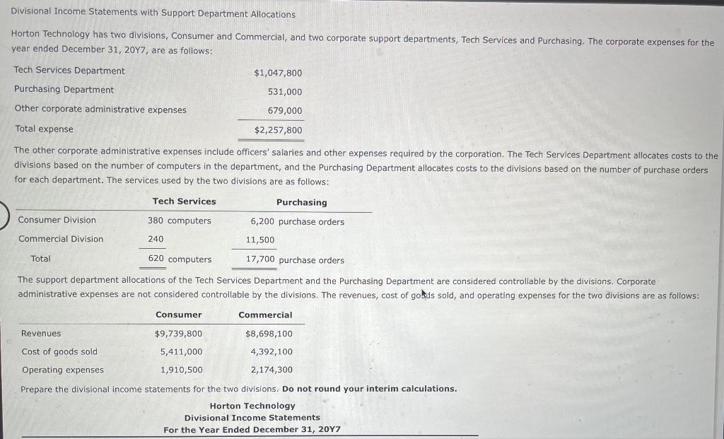Solved Divisional Income Statements with Support Department | Chegg.com