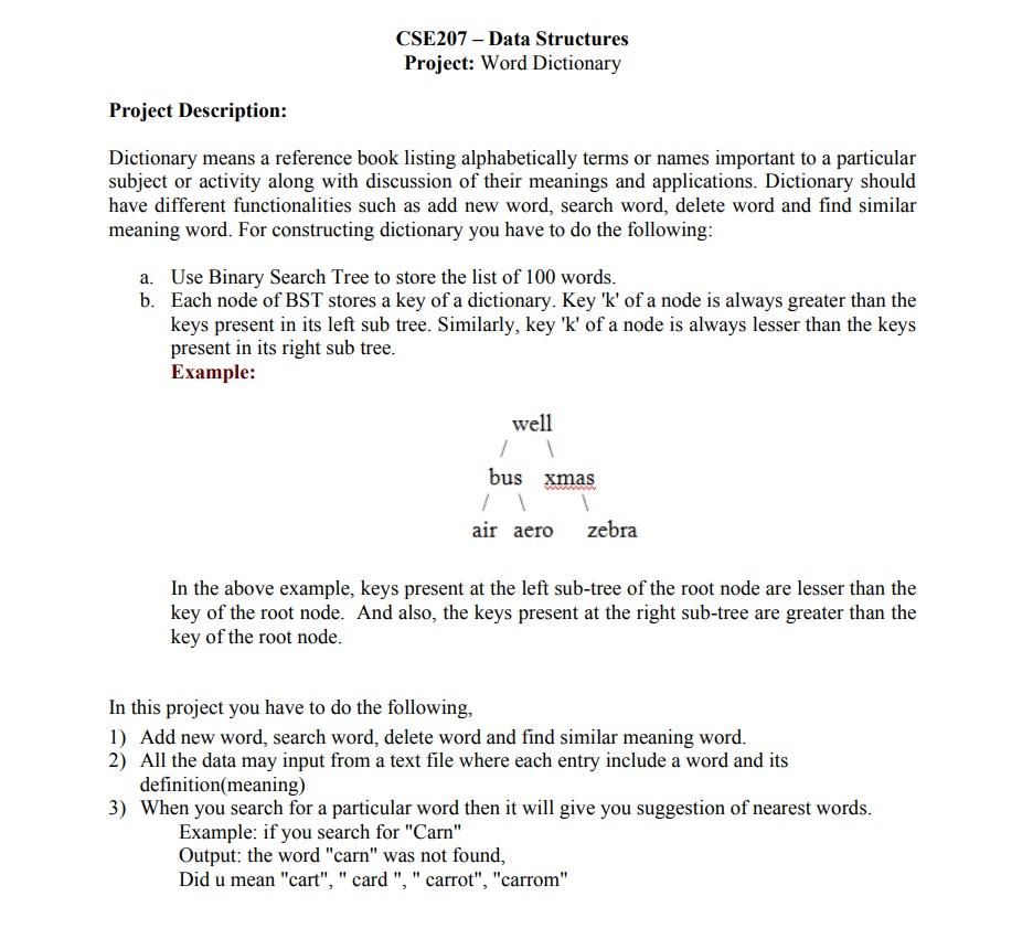 CSE207 - Data Structures Project: Word Dictionary | Chegg.com