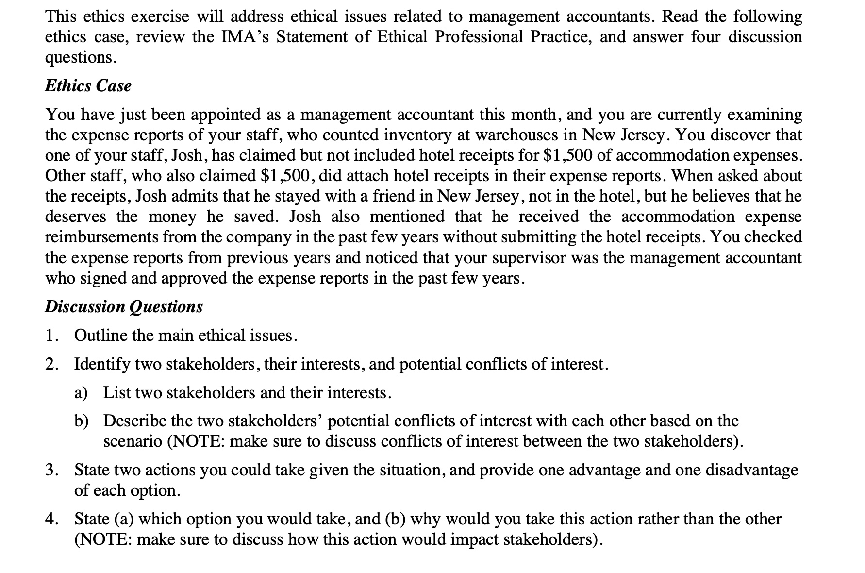 Solved This ethics exercise will address ethical issues | Chegg.com