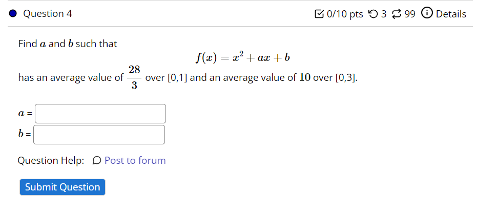 Solved Find a and b such that f(x)=x2+ax+b has an average | Chegg.com
