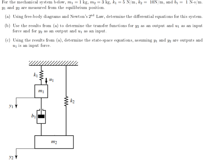 Solved For the mechanical system below, m1=1 kg,m2=3 kg,k1=5 | Chegg.com