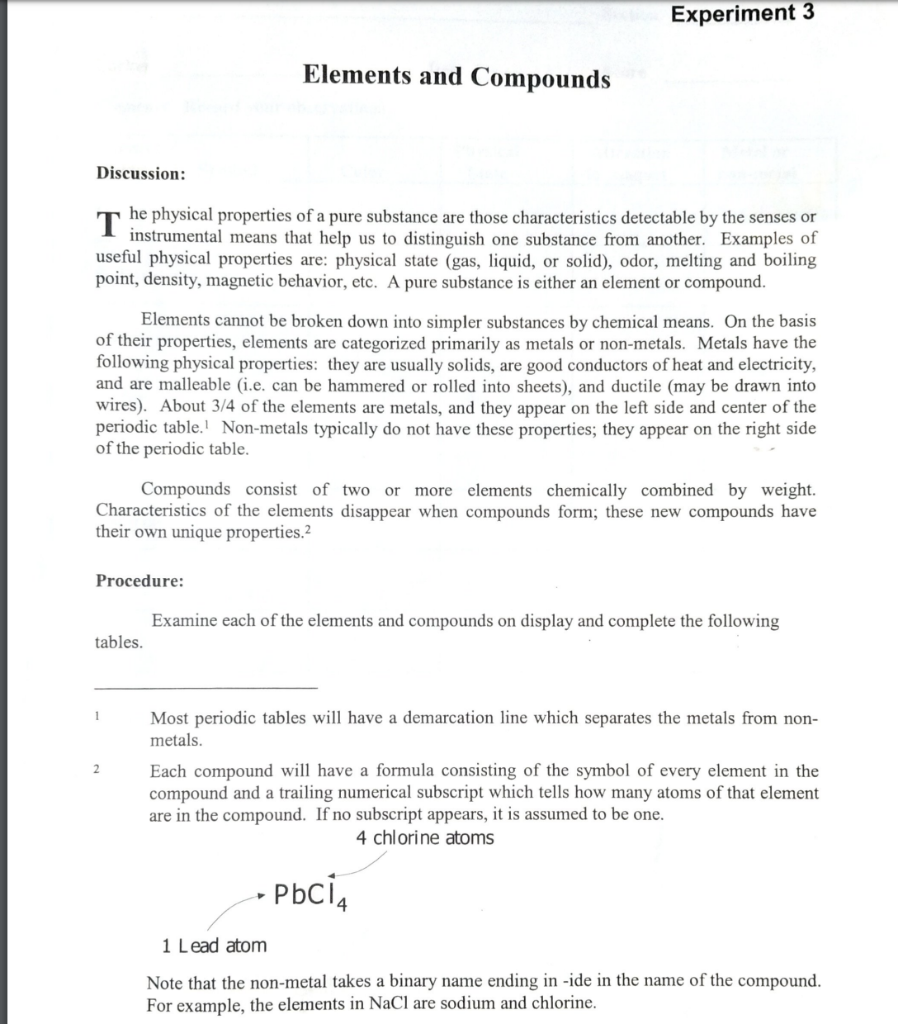 Solved Experiment 3 Elements and Compounds Discussion: T he | Chegg.com