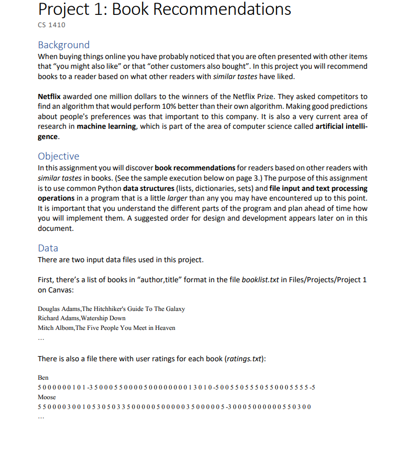 Solved Project 1: Book Recommendations CS 1410 Background | Chegg.com