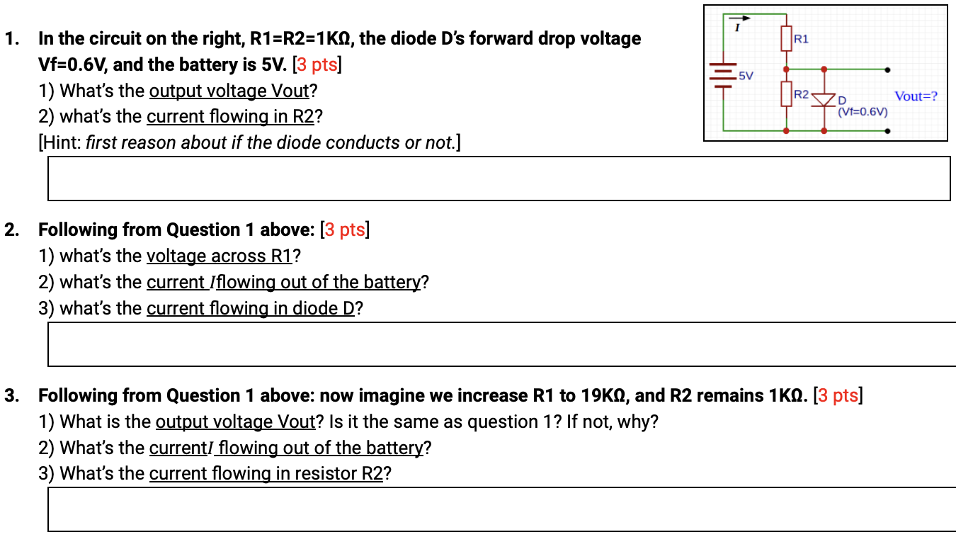 Solved 1. In the circuit on the right, R1=R2=1KΩ, the diode | Chegg.com