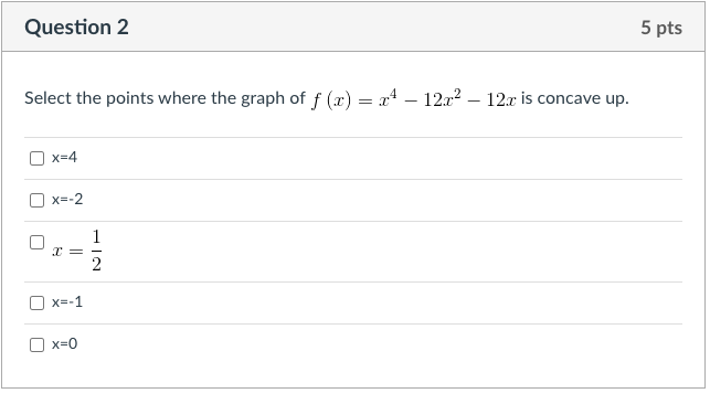 Solved Select the points where the graph of f(x)=x4−12x2−12x | Chegg.com