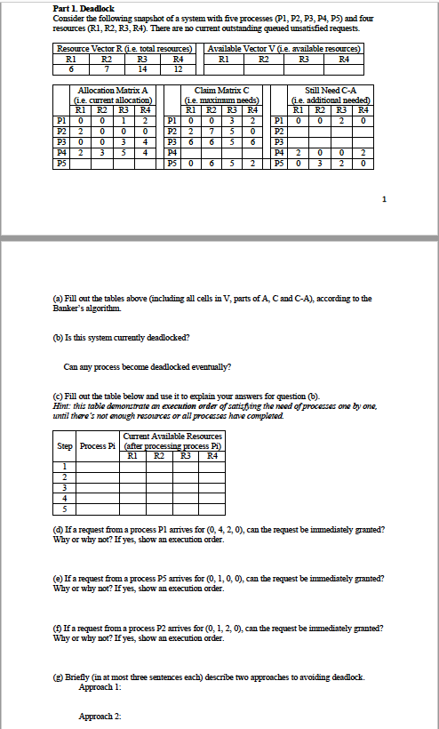 Solved Part 1. Deadlock Consider the following snapshot of a | Chegg.com