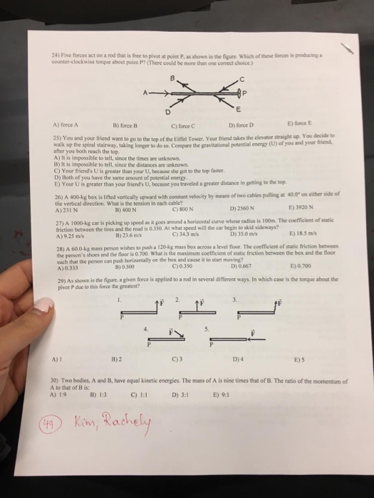 Solved 24) Five forces act on a rod that is free to pivot at | Chegg.com