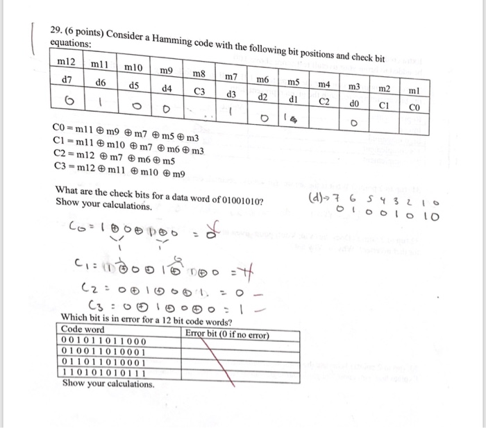 Solved 29. (6 points) Consider a Hamming code with the | Chegg.com
